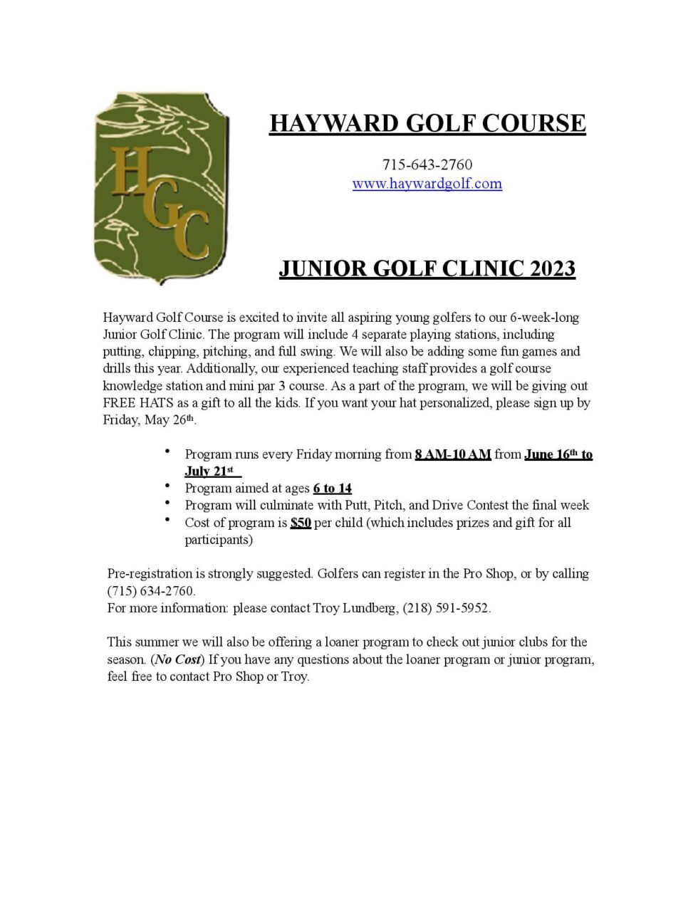 Junior Golf Program Starting June 16th! Sign-Up Now! - Hayward Golf Course