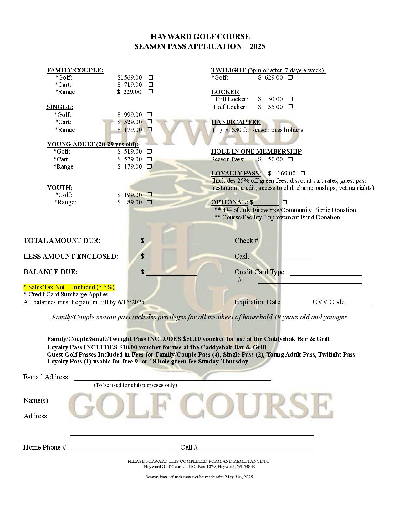 Season Pass Application Form - Hayward Golf Course