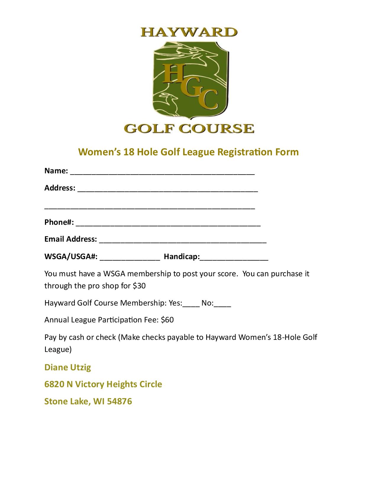 Ladies Registration Form - Hayward Golf Course